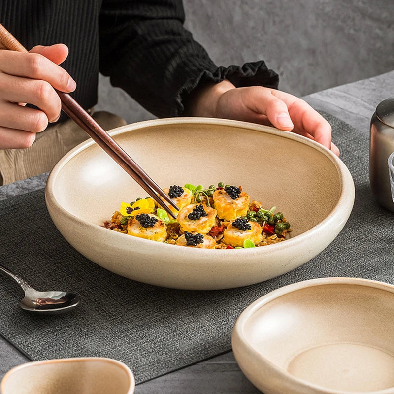 Deep Rounded Beige Ceramic Plate for Elegant Table Settings