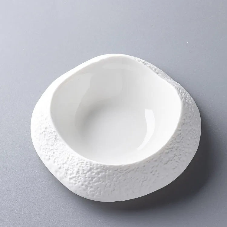 Textured White Ceramic Dish with Unique Irregular Shape