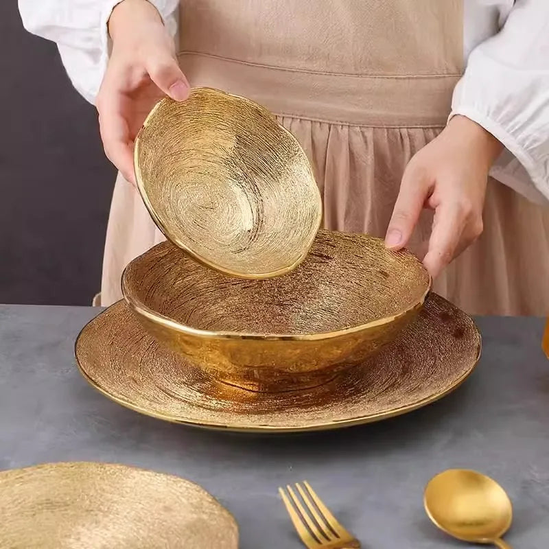 Luxurious Gold Textured Ceramic Plates for Elegant Dining