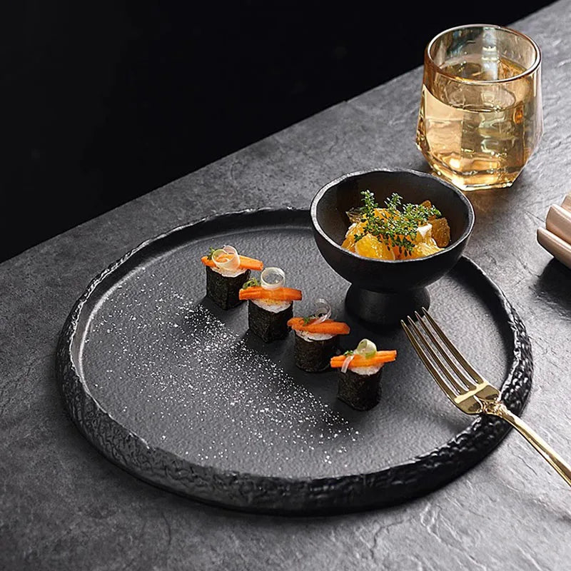 Rustic Black Circular Sushi Plate for Minimalist Dining