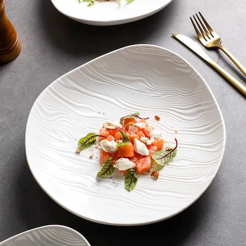 Wave Embossed Ivory Ceramic Dish for Elegant Dining