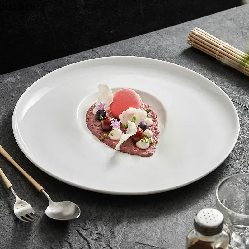 White Round Ceramic Dish with Unique Irregular Design