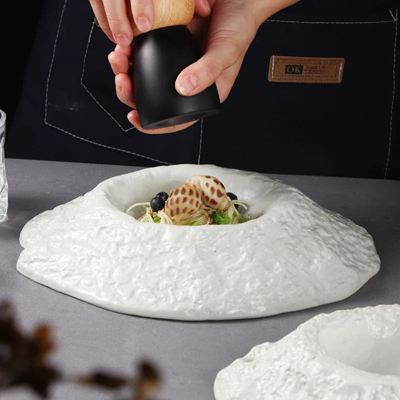 White Volcanic Crater-Inspired Ceramic Dish for Bold Dining